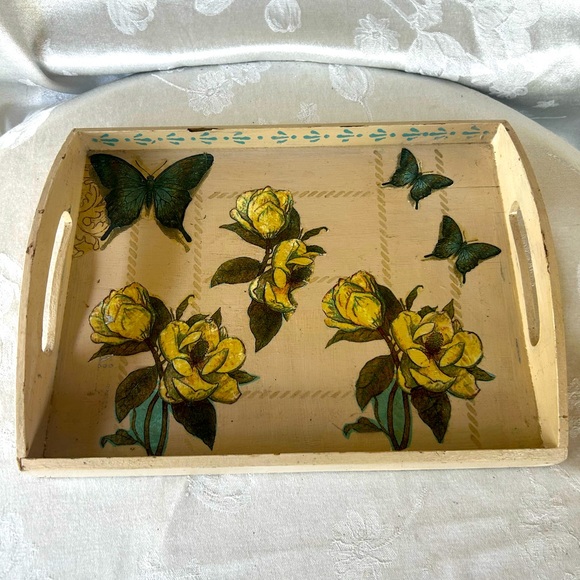 Source Unknown | Accents | Vintage Beige W Antique Yellow Roses Wooden ...